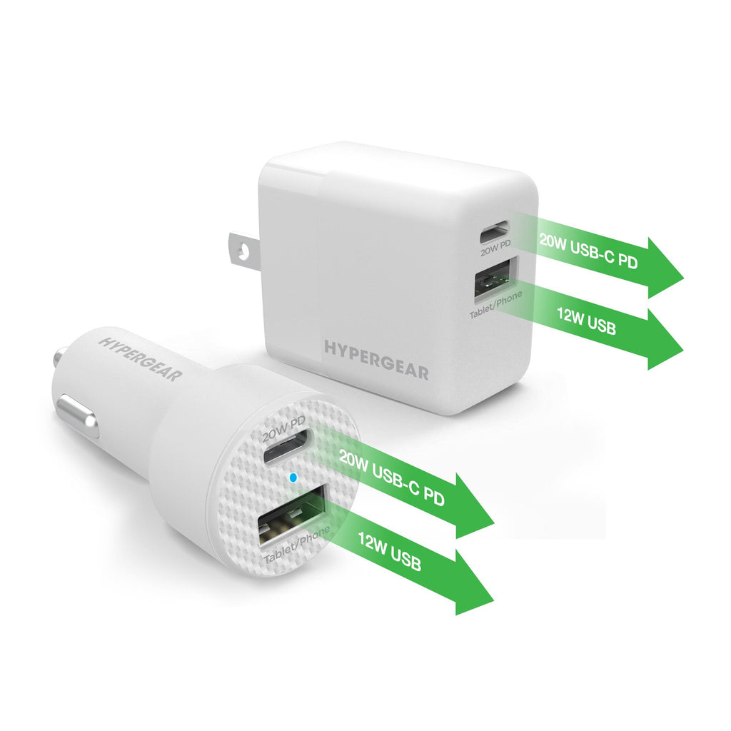 HYPERCEL Hypergear Wall/Car Charger Bundle 20W USB-C PD + 12W White ...